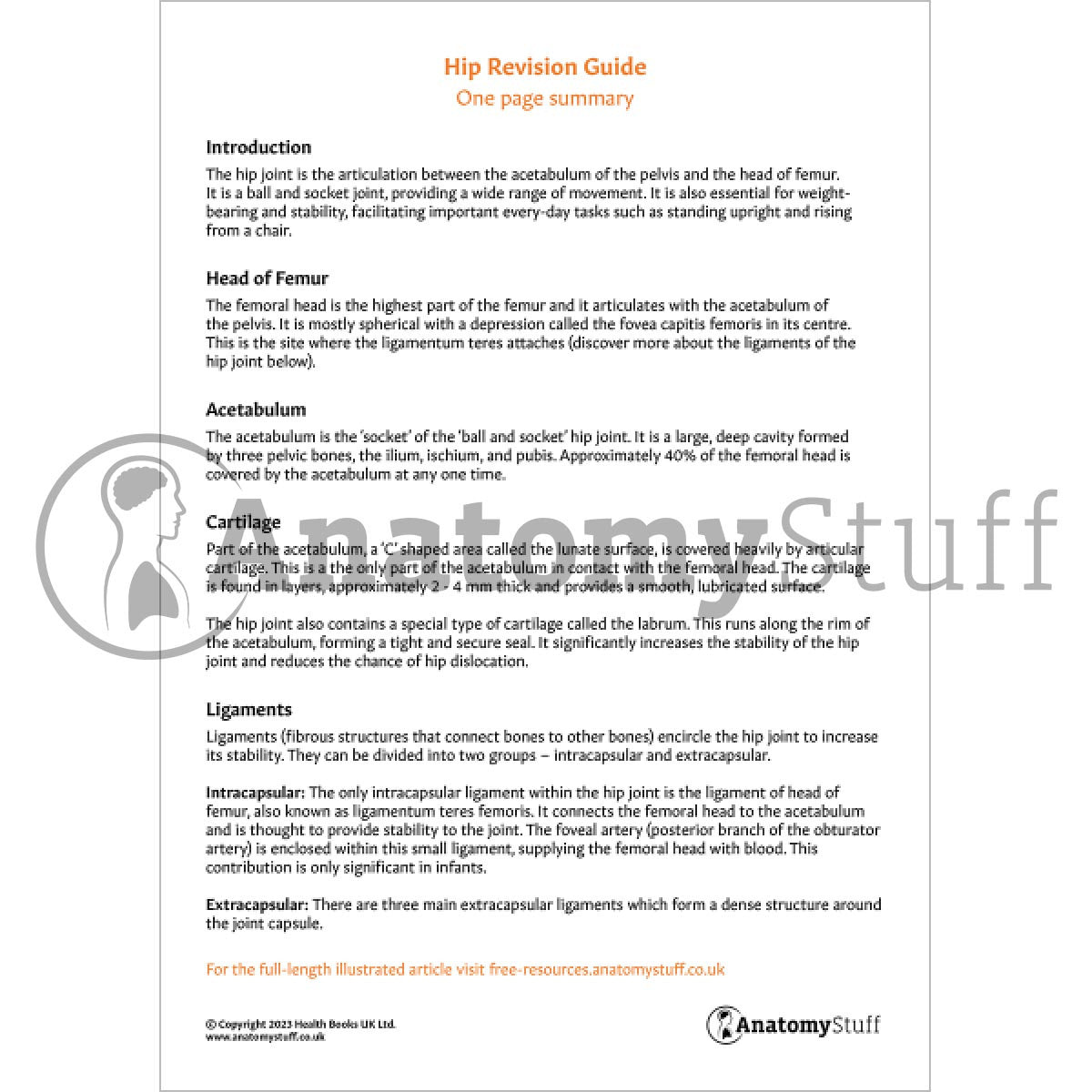 Free Resources - One Page Summaries – AnatomyStuff